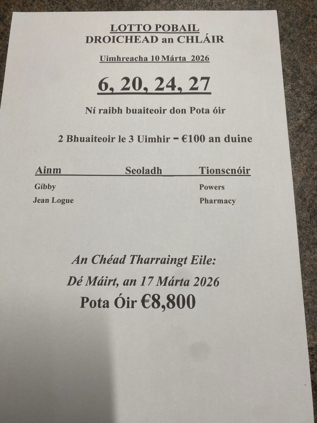 Clarecastle Lotto Results 10th March 2026 - Clarecastle & Ballyea Parish