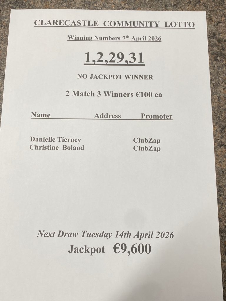 Clarecastle Lotto Results 7th April 2026 - Clarecastle & Ballyea Parish