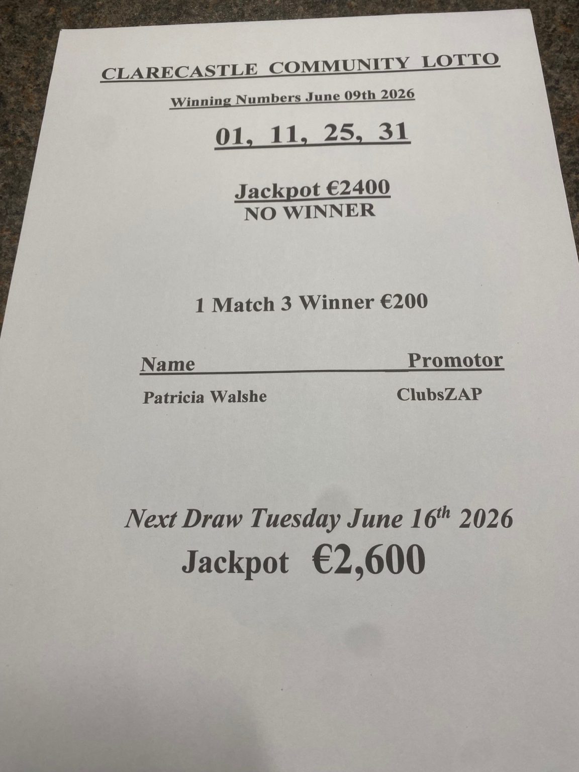 Clarecastle Lotto Results 9th June 2026 - Clarecastle & Ballyea Parish